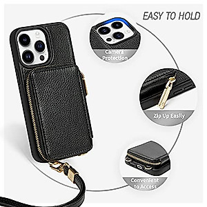 ZVE iPhone 14 Pro Crossbody Wallet Case, Card Holder Zipper Phone Case with Wrist Strap, RFID Blocking Leather Purse Gift for Women Compatible with iPhone 14 Pro, 6.1 inch, 2022-Black