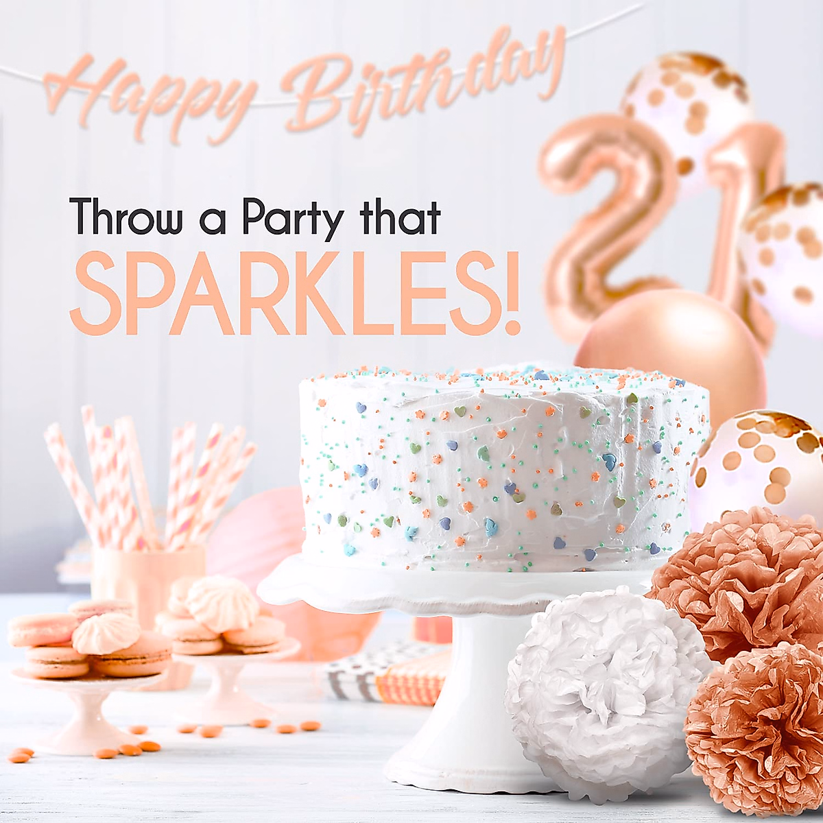 EpiqueOne 41-Piece Rose Gold 21st Birthday Decorations for Women | Includes Happy Birthday Banner, Cake Topper, Tissue Pom Poms & More | Easy to Set Up | Also Ideal for Bridal and Baby Showers & More