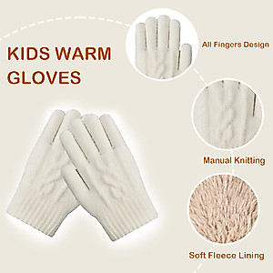 Kids Hat Gloves Scarf Set Girls Boys Winter Warm Knitted Beanie Knit Fleece Lined Neck Warmer Scarves Thick Thermal Cap with Cute Furry Pom White 3Pcs Cold Weather Snow Accessories for Children Child
