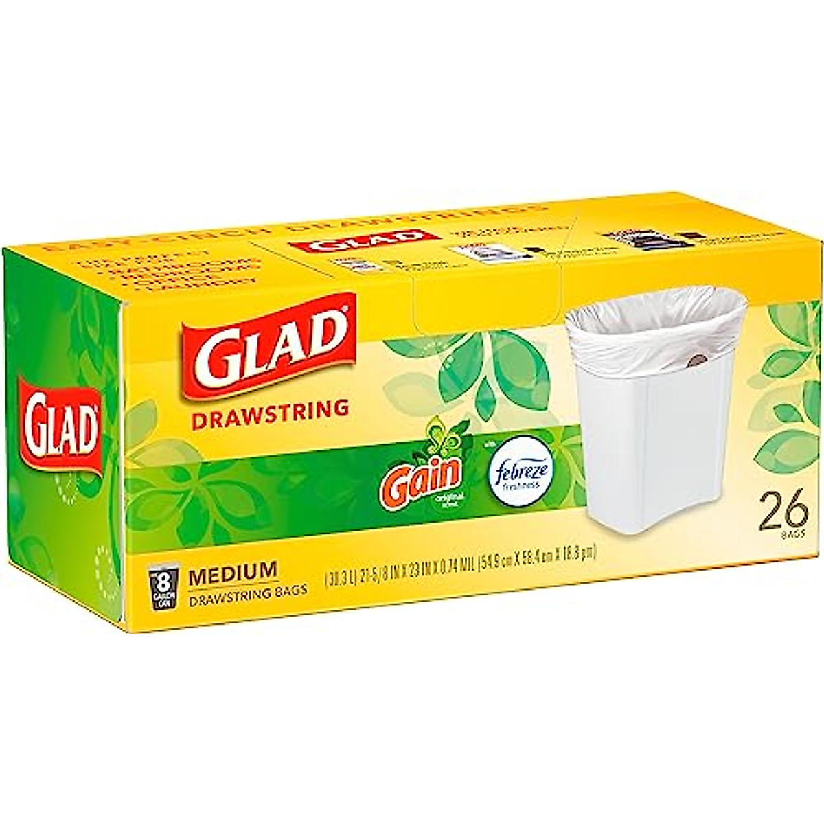 Glad Medium Drawstring Trash Bags, 8 Gal, Gain Original Scent with Febreze, 26 Ct, Pack May Vary