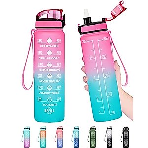 Enerbone 32 oz Water Bottle, Leakproof BPA & Toxic Free, Motivational Water Bottle with Times to Drink and Straw, Fitness Sports Water Bottle with Strap for Office, Gym, Outdoor Sports, Pink-Green