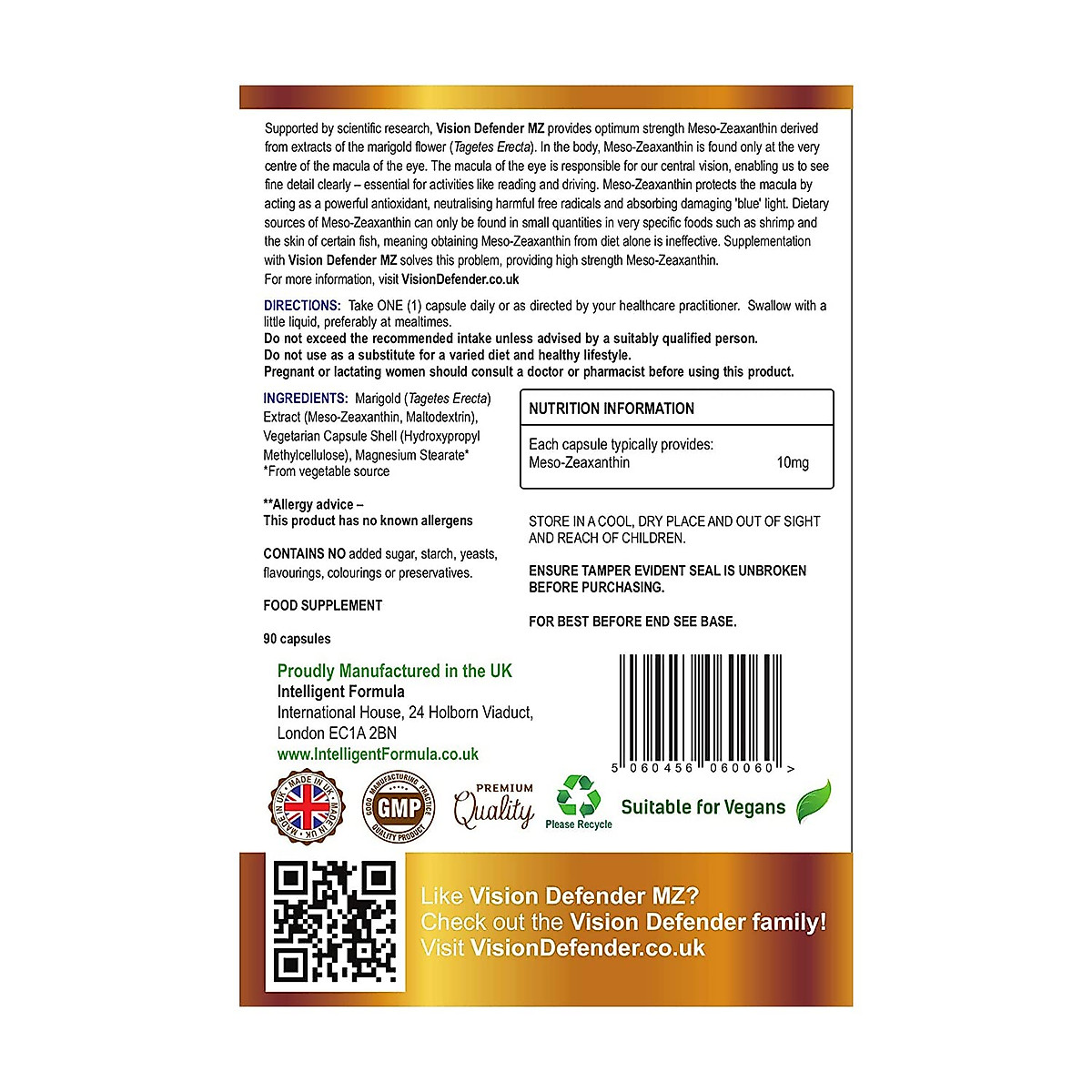 Vision Defender Meso Zeaxanthin Vegan Eye Supplement MZ- Protect and Improve Ocular Health & Eye Care, High Strength Antioxidant Carotenoid Meso-Zeaxanthin for Eyes (90 capsules/One-A-Day) Made in UK