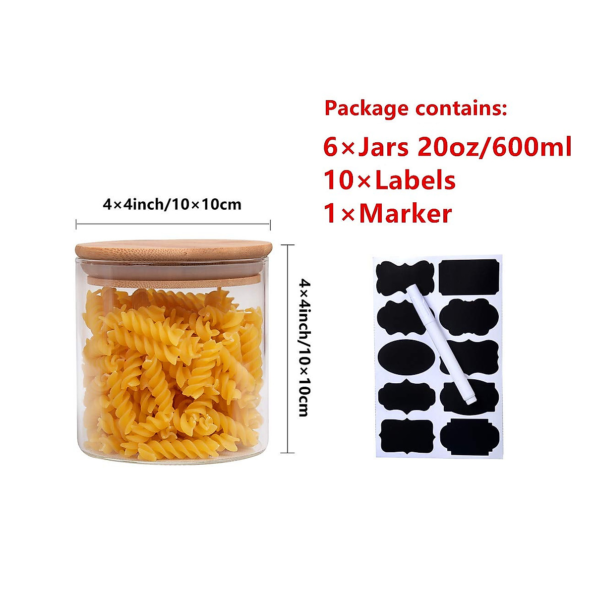 6 Piece Glass Storage Jars Set with Airtight Bamboo Lids and Labels, 20oz/600ml Glass Spice Jars Food Storage Containers for Home Kitchen,Pantry, Tea, Sugar, Salt, Coffee, Flour, Herbs, Grains