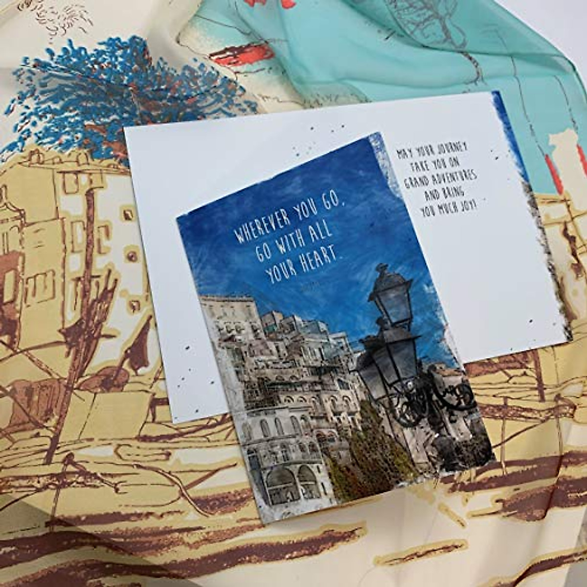 Smiling Wisdom - Retirement Journey Goodbye Greeting Card - Wherever You Go, Go with All Your Heart Gift Set - Chiffon Viscose Scarf - Woman Coworker Grad - Tan Blue Multi-colored (City)