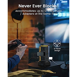 Power Strip Tower, SUPERDANNY Surge Protector Tower with 15W Magnetic Wireless Charger, 1050J, 13A Charging Station with 12 AC Outlets & 6 USB Ports, 6.5ft Extension Cord for Home Office, Gold