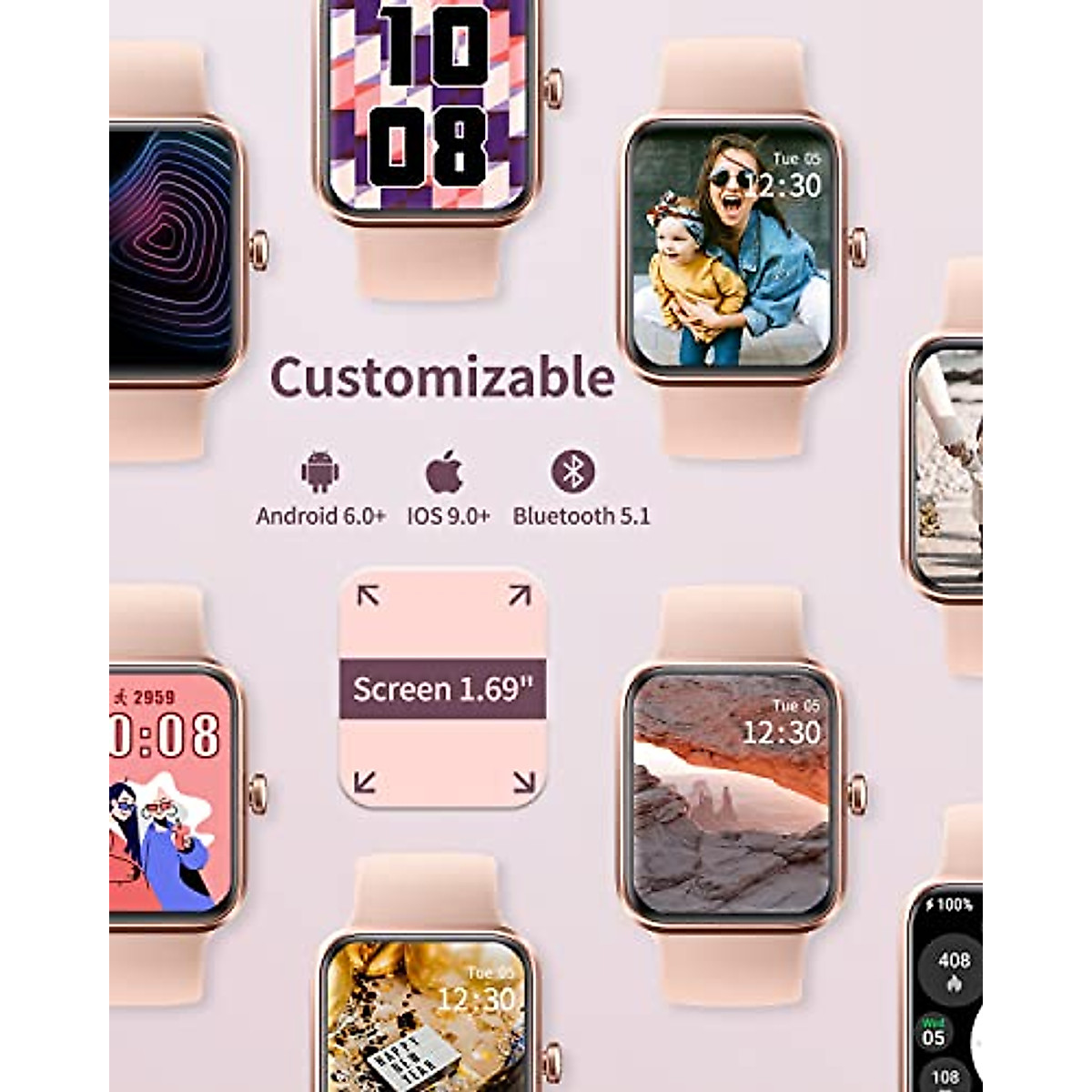 aeac Smart Watch for Women Men,1.69" Touch Screen Fitness Tracker for iPhone Android Phone IP68 Waterproof,Finess Watch with Step Calorie Counter Sleep Monitoring Pedometer Watches