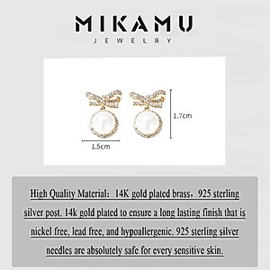 MIKAMU 14K Gold Ribbon Bow Stud Earrings for Women CZ cubic zirconia Dainty Gold Plated Pearl Earring for Women Jewelry Birthday Gifts for (gold)