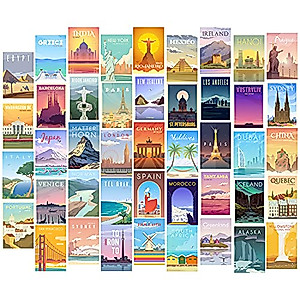 HerZii Prints Vintage Travel City Posters Collage Kit For Wall, 44 Pcs 4x6’’ Size - Trendy Cities Travel Vintage Poster Set - Vintage Wall Collage Kit - Retro Popular Cities Poster For Wall Decor