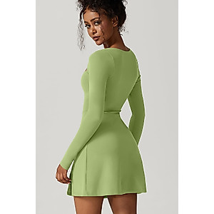 QINSEN Womens Light Green Mini Dress Long Sleeve Square Neck Side Slit Tennis Dresses L