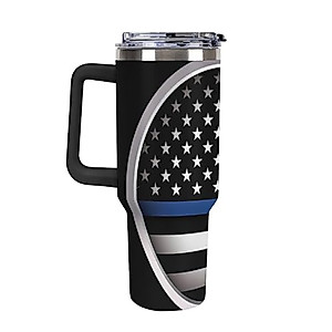 40 oz Tumbler, Large Capacity with Handle and Straw Travel Insulated Tumblers, Thin Blue Line American Flag Ring Black Stainless Steel Cup for Women, Men
