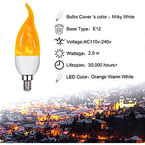 OHLGT E12 Flame Bulbs 6 Packs, 3 Mode LED Candelabra Flame Light Bulb 2.0 Watt Warm White Chandelier Flame Bulbs,1800k Candle Light Bulbs, Flame Tip for Christmas Party Decorations