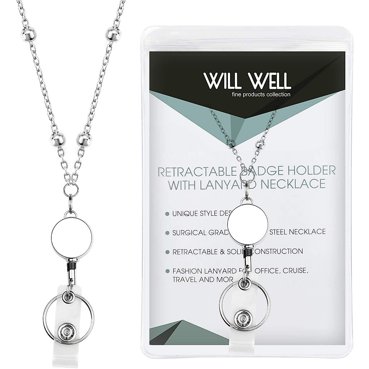 Retractable Badge Reel Lanyard with ID Holder for Women, Will Well Fashion Beaded Lanyard Stainless Steel Necklace with Water Resistant Name Badge Holder, Silver