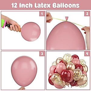 Burgundy Pink Balloons, 60 pcs 12 Inch Burgundy Dusty Pink Balloons with Metallic Gold Balloons Confetti Balloons, Pearl Wine Red Latex Balloons for Birthday Baby Shower Wedding Bridal Decorations