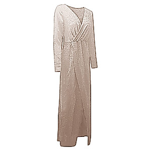 Womens Cocktail Dresses For Wedding Guest Women's Sexy Sequin Long Sleeve V Neck Long Nightclub Style Slim Sling Dress With Formal One Shoulder Dresses (Gold, XL) Cocktail Dresses For Wedding Guest