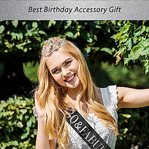 MEANT2TOBE 30th Birthday Sash and Tiara for Women - Fabulous Glitter Sash + Stars Rhinestone Silver Premium Metal Tiara for Her, 30th Birthday Gifts for 30 Party