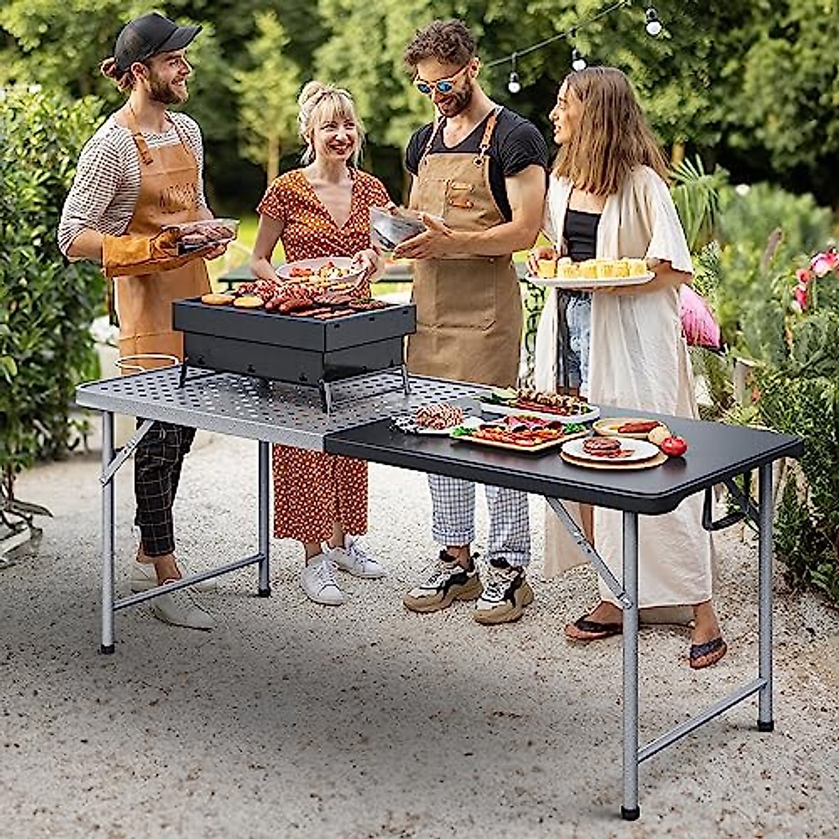 YITAHOME 6Ft Folding Grill Table, Portable 2-in-1 Design Camping Table for Grill with Mesh Desktop, Folding Table for Grill Camping Cooking BBQ Picnic, Black