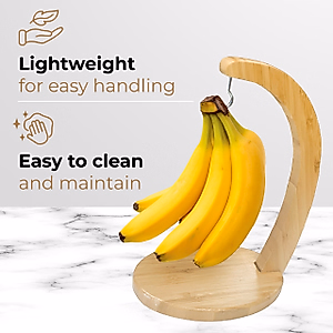JS Gourmet Bamboo Banana Stand with Stainless Steel Hanging Hook, Ideal for Holding Bananas and Elevating Your Tabletop and Kitchen Décor