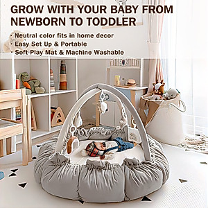 5-in-1 Convertible Baby Play Gym with 6 Toys, Tummy Time Mat for Sensory Development, Baby Activity Center from Newborn to Toddler, Ball Pit, Cat & Dog Bed, Soft Plush Pet Bed, No Ball Included