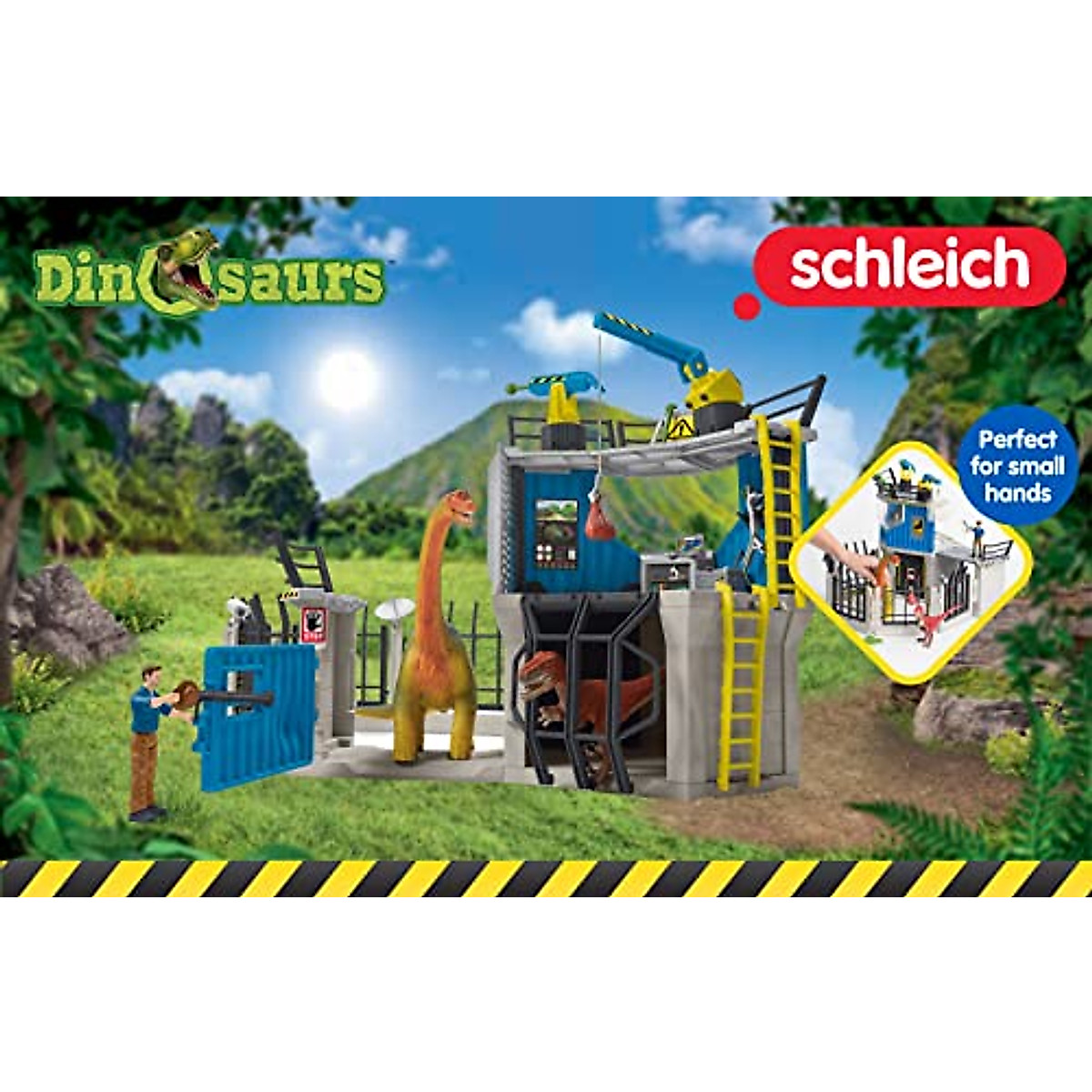 Schleich Dinosaur Toys Science Playset - 33-Piece Set Research Station with Brachiosaurus, Velociraptor, Men Scientist Action Figures, and Dart Cannon, Kids Figurines for Ages 4 and Above