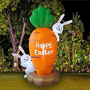 FUNPENY 5 Feet Inflatable Easter Day Decoration, Blow Up Carrot with 2 Little Cute Rabbits Lighted Decor for Indoor Outdoor Lawn Yard