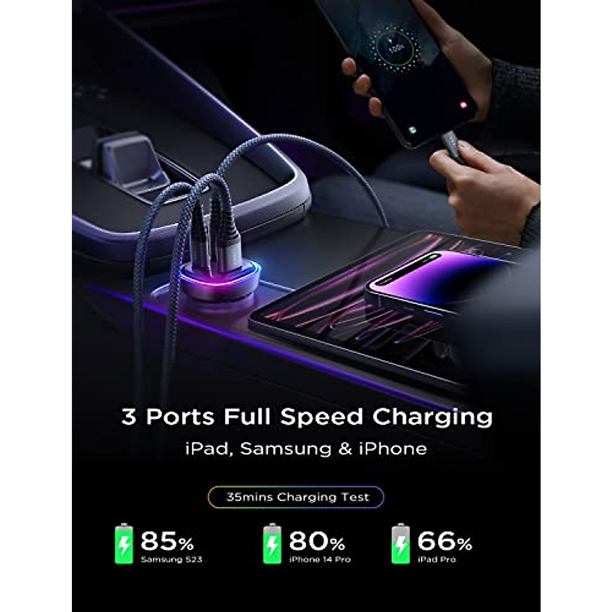 Car Charger USB C, 66W LISEN 3 USB Port [PD 36W+QC 30W] All Metal Car Charger iPhone, Fast Charging Car Adapter Colorful Lighting PD&QC 3.0 for iPhone 14 13 Pro, Samsung S23 iPad MacBook Pro Laptop