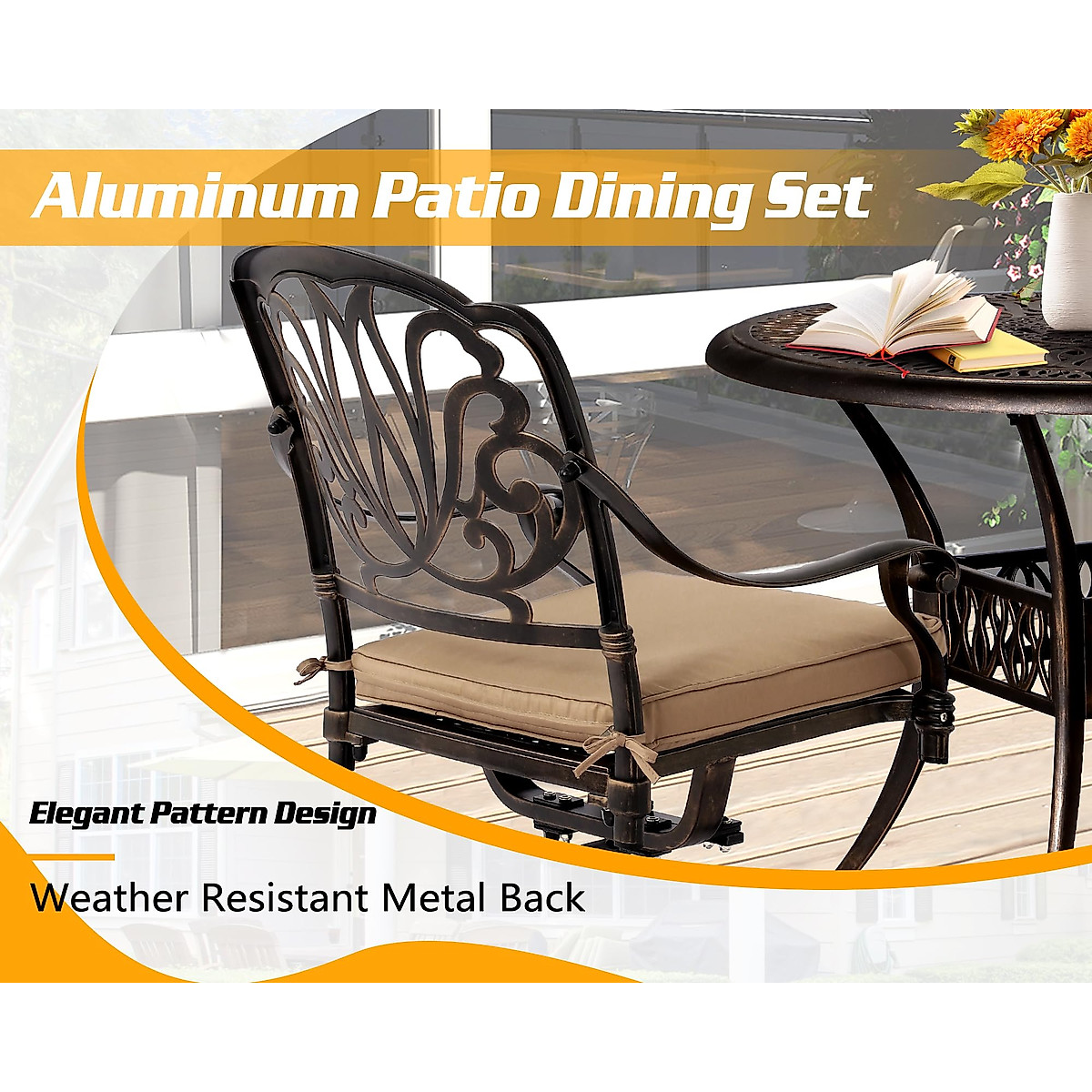 TITIMO 5-Piece Outdoor Patio Dining Set, All-Weather Cast Aluminum Patio Conversation Set with 4 Cushions Swivel Chairs and 35.4" Round Table, Umbrella Hole,for Backyard Garden Deck (Khaki)