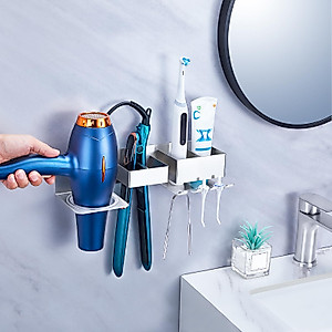 YAYINLI Hair Straightener Holder Wall, Blow Dryer and Curling Iron Holder Wall Mounted, Stainless Steel Hairdryer Holder Bathroom, Hair Tools Organizer with Plug Hook Storage, Salon Hair Dryer Holder