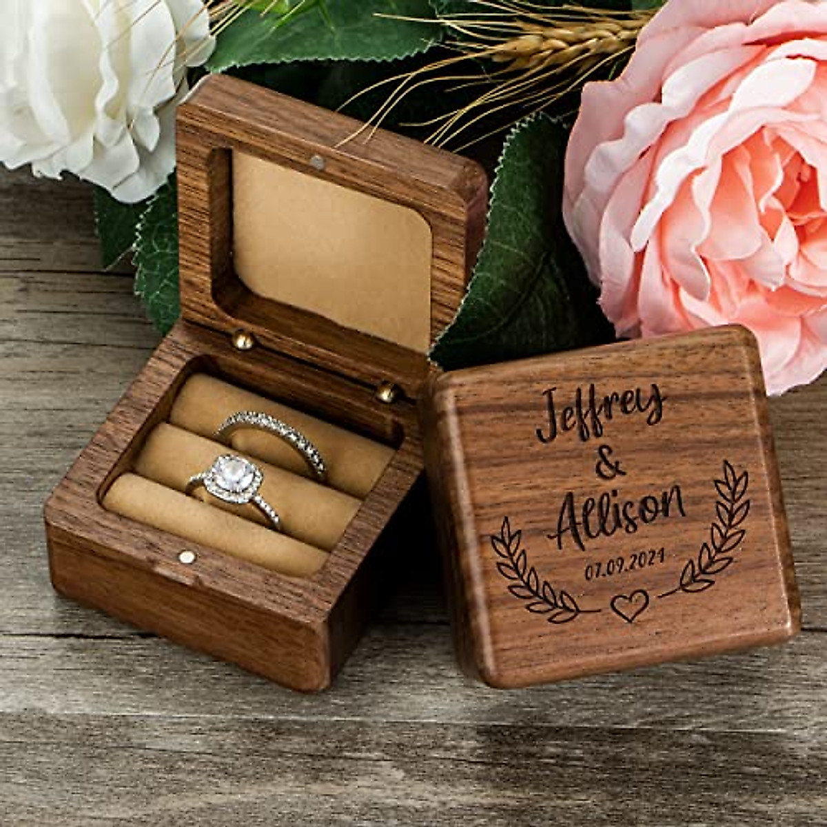 KWOOD Custom Wedding Ring Box, Wooden Ring Box, Square Double Ring Box, Engagement Ring Box, Ring Box Holder, Proposal Ring Box, Wedding Ring Box