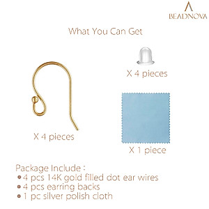 BEADNOVA Earring Hooks 14k Gold Filled Ball Dot Ear Wire with Rubber Earring Backs Earwire for Jewelry Making Earring Supplies (4pcs Ear Wire and 4pcs Earring Backs, Total 8pcs)