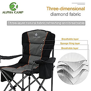 ALPHA CAMP Oversized Camping Folding Chair, Heavy Duty Support 450 LBS Steel Frame Collapsible Padded Arm Chair with Cup Holder Quad Lumbar Back, Portable for Outdoor,Black