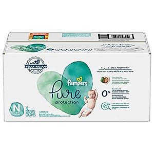 Diapers Size 0/Newborn, 76 Count - Pampers Pure Protection Disposable Baby Diapers, Hypoallergenic and Unscented Protection, Super Pack (Packaging & Prints May Vary)