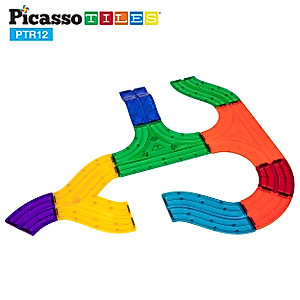 PicassoTiles 12 Piece Race Track Add-On Magnetic Building Block Set Magnet Tiles Construction Toy STEM Learning Kit Early Education Kids Toys Playset Pretend Play Blocks Child Brain Development PTR12
