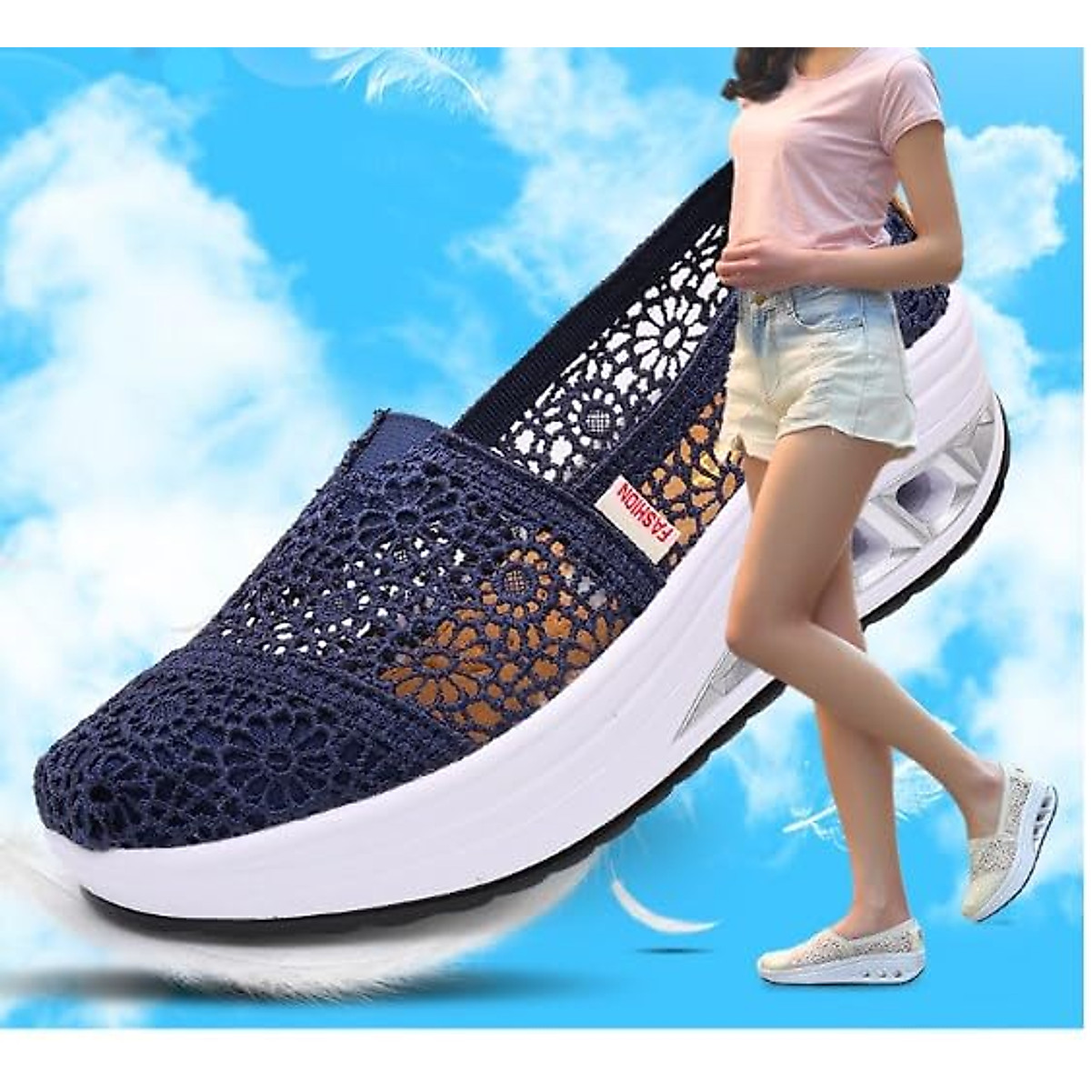 Women's Floral Embroidery Lace Mesh Air Cushion Sneakers,Comfortable Orthopedic Diabetic Walking Toning Shoes Breathable Slip On Platform Loafers (Black,6)