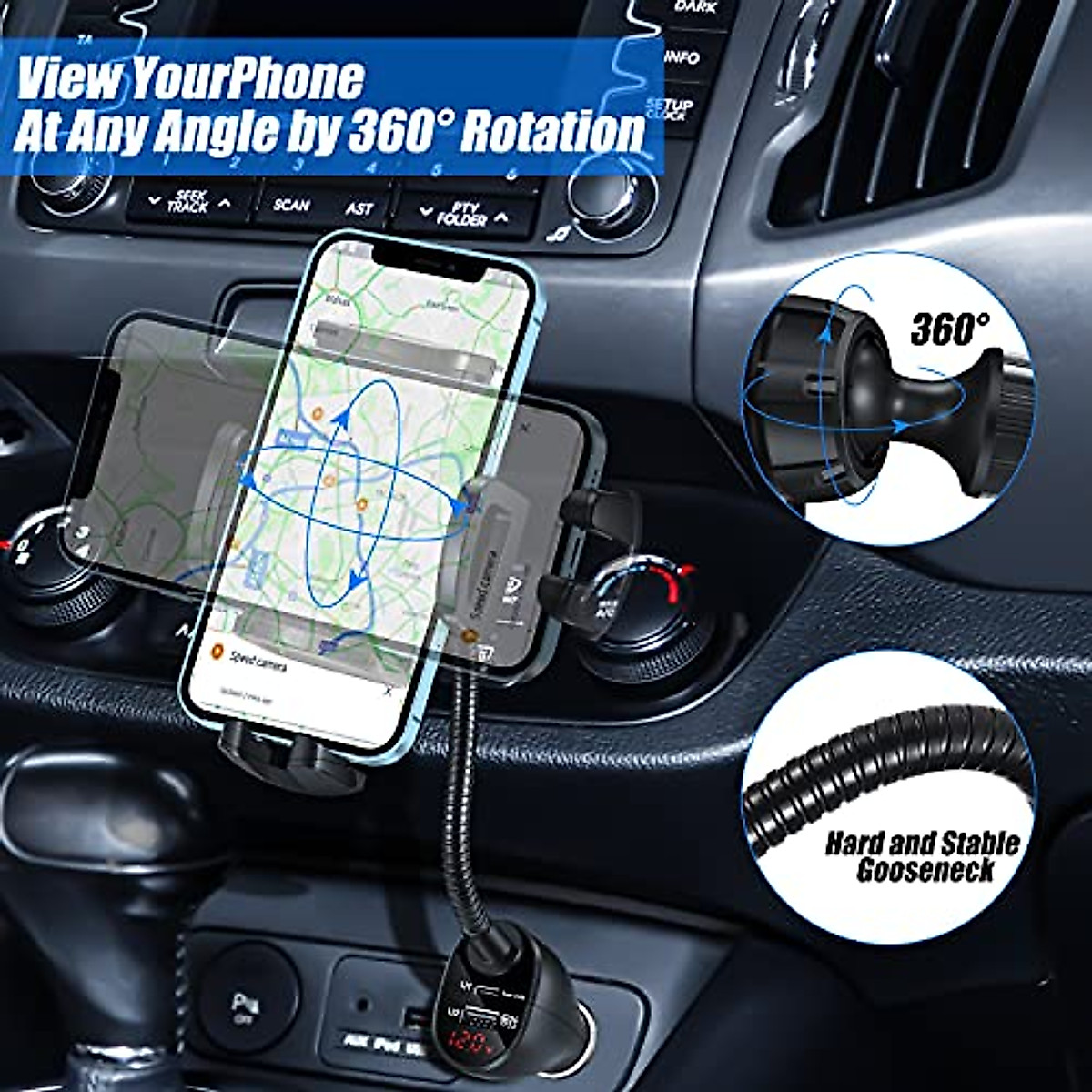 HVDI Car Cigarette Lighter Phone Mount - USB C Fast Car Charger Phone Holder,36W Power Delivery Dual Port(PD+QC3.0),Adjustable Cell Phone Cradle with Voltage Detector