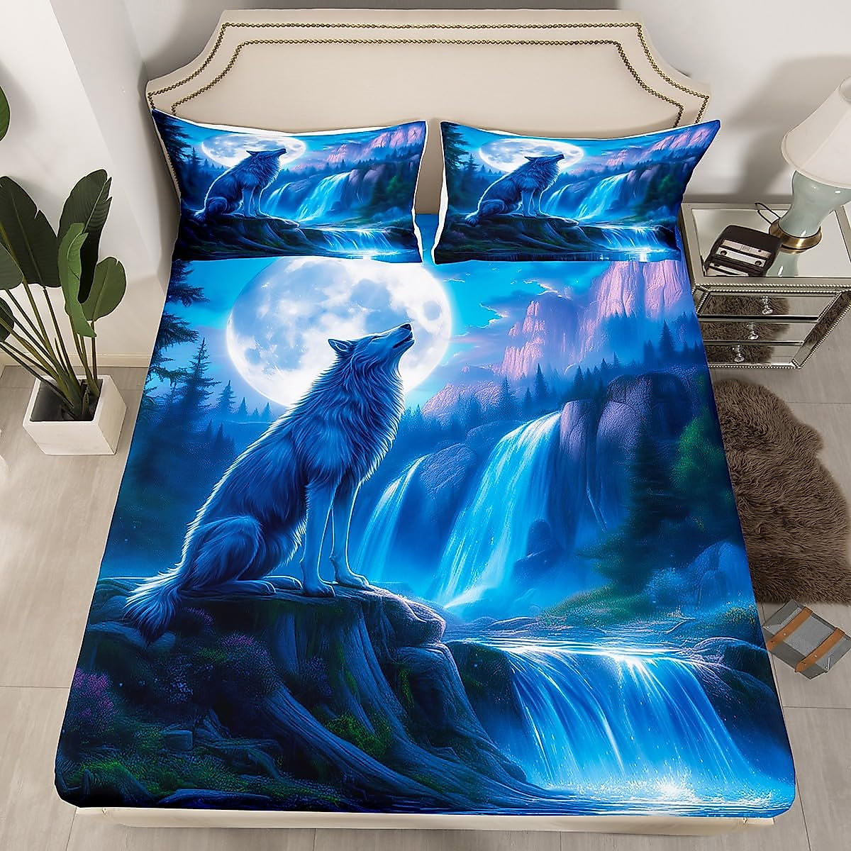 Feelyou Wolf Fitted Sheet Twin Size Wolves Howling Bedding Set for Boys Girls Teens Animal Wolves Bed Sheet Set Mountain Moon Wolf Bed Cover Room Black Blue Decor Bed Set