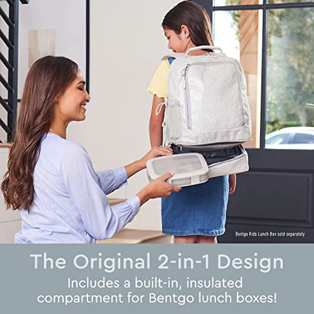 Bentgo® Kids 5-Compartment Lunch Box With Kids 2-in-1 Backpack & Insulated Lunch Bag (Glitter Edition - Silver)