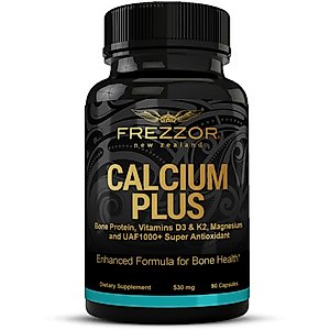 FREZZOR Calcium Plus with UAF1000+, New Zealand Natural Raw Calcium Supplement for Bones, Teeth, Gut Health, & Cardiovascular Support, Phosphorus, Magnesium, Collagen, Selenium, 90 capsules, 1 Bottle