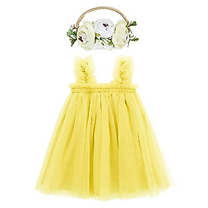Durio Tutu Dresses for Toddler Girls Birthday Outfit Girl Baby Girl Tulle Dress Infant Dress with Flower Headband Yellow 2-3 Years