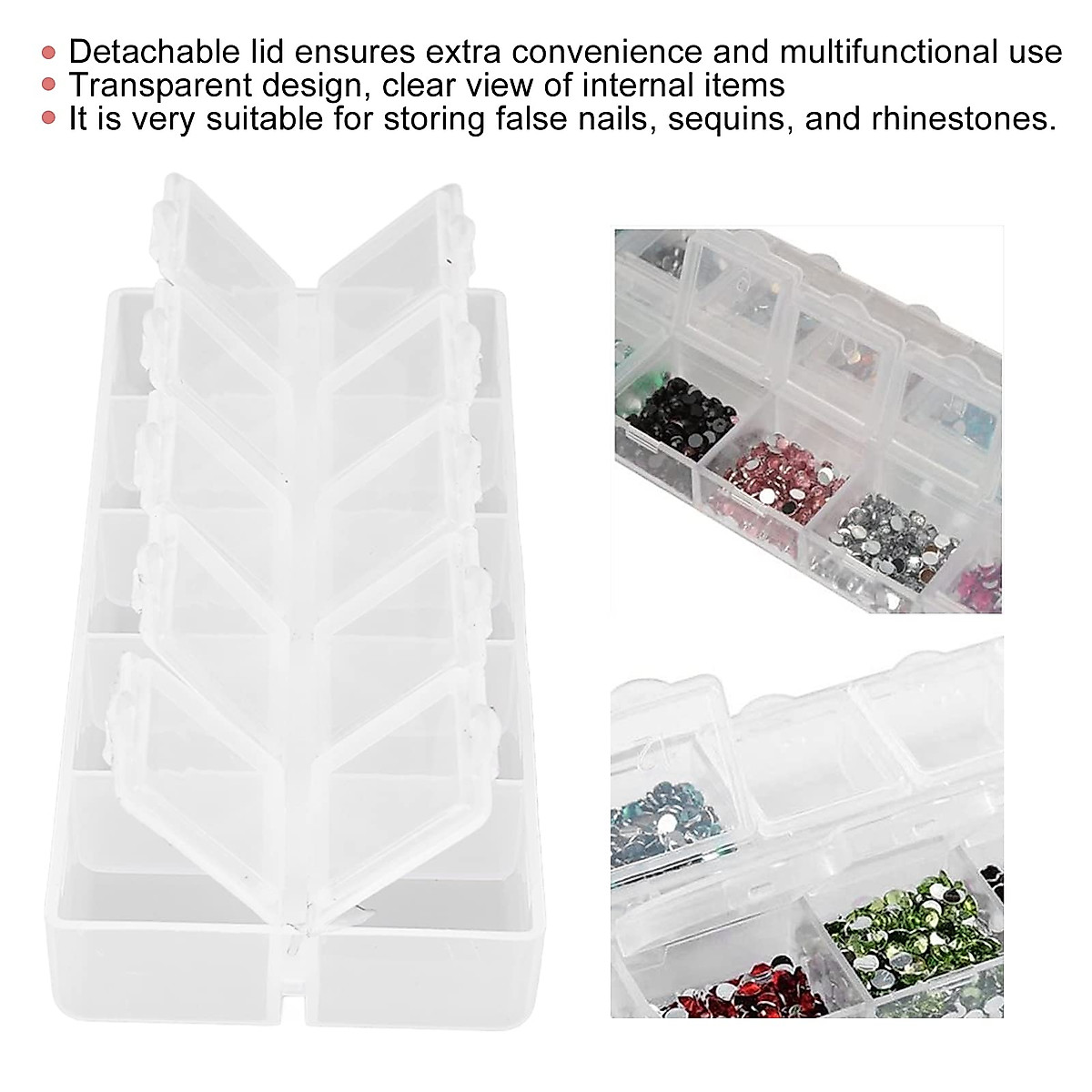 Compartment Storage Container, Detachable Cover Portable Safe 10 Grids Organizer Box Plastic White for Earrings for Nails Tool for Rhinestone