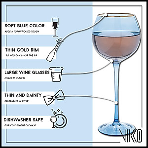 Vikko Wine Glasses, 17 Ounce Blue Wine Glass with Gold Rim, Set of 4 Stemmed Wine Glasses for Red and White Wine, Colored Wine Glasses, Glasses for Wine