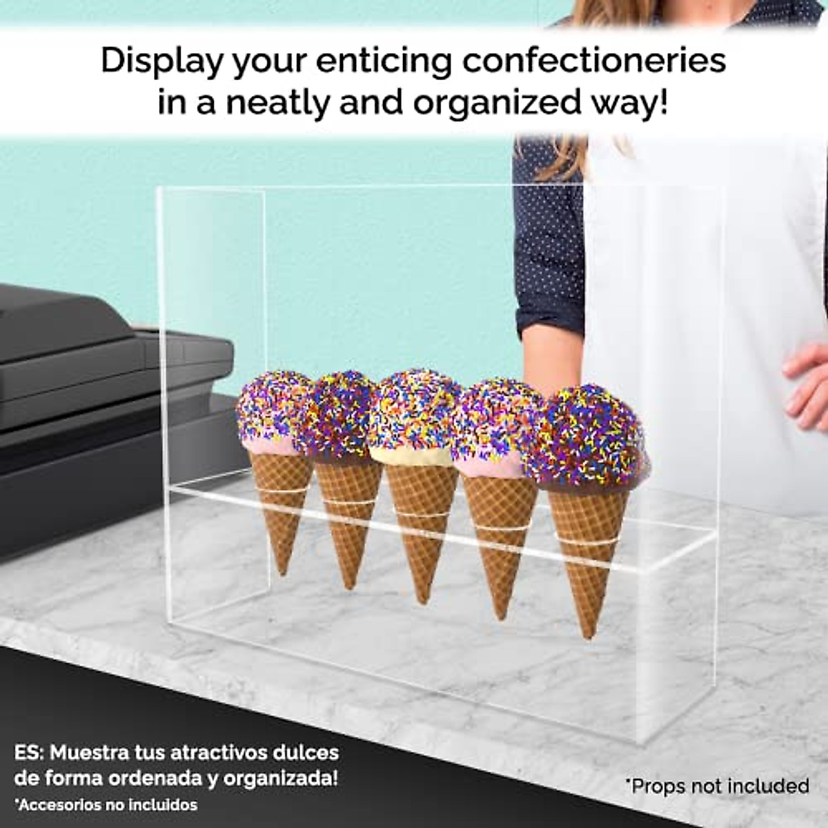 Ice Cream Cone Holder 5 Slot Clear Acrylic Countertop Dessert Display with Sneeze Guard No Assembly for Restaurants Catered Events and Buffets by Marketing Holders