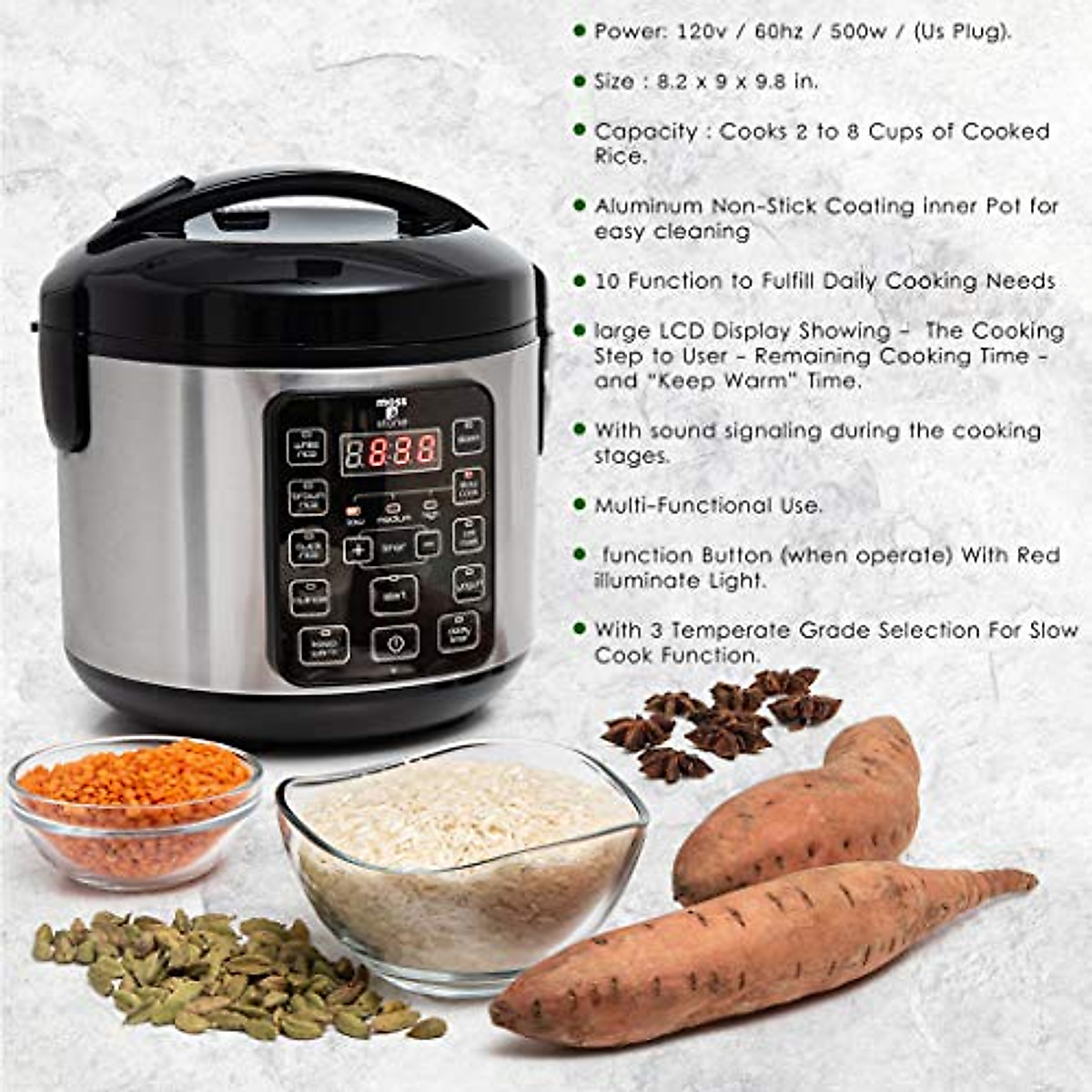 Moss & Stone Electric Multicooker Digital Rice Cooker Small 4-8 Cup 10 Pre-Programmed Settings Brown & White Rice / Food Steamer, Slow Cooker Electric Cooker With Steamer For Vegetables, Nonstick Pot Stainless Steel Rice Cooker