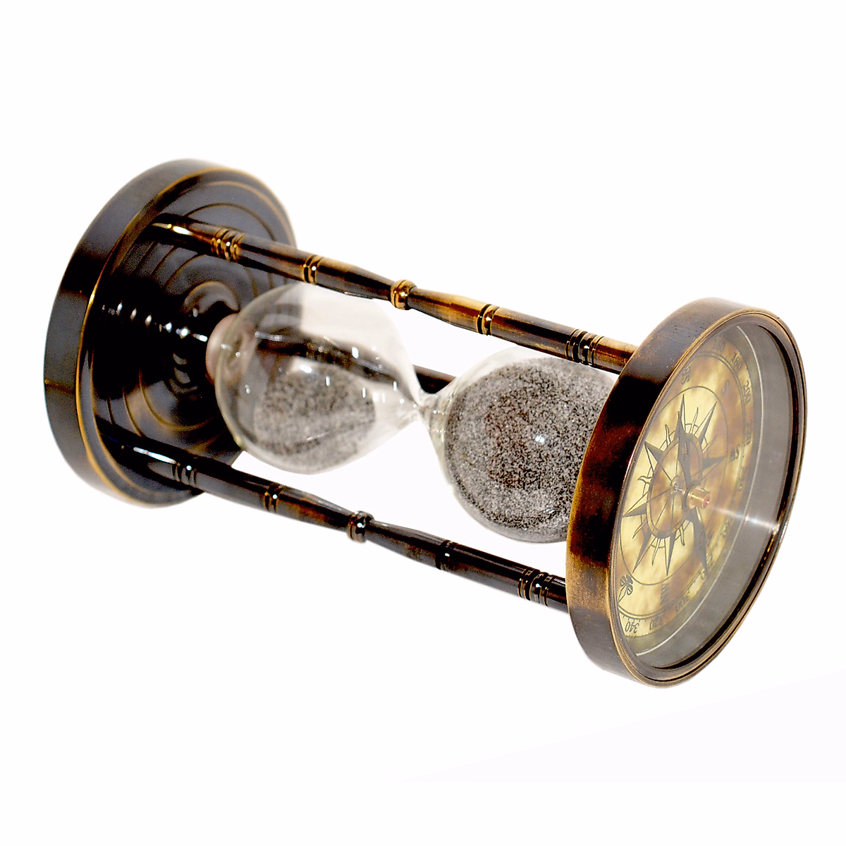 Hassanhandicrafts Antique Brass & Glass Black Sand Timer Hourglass Nautical Maritime SandTimer Compass on Both Side CompassCollectible, Shelf Desk Decor