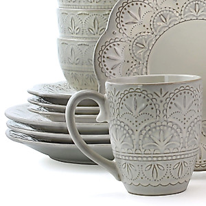 Elama Elegant Round Embossed Stoneware High Class Dinnerware Dish Set, 16 Piece, White