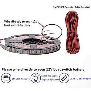 Vbakor Pontoon LED Strip Lights, 12V 5M/16.4FT Waterproof Marine LED Light Boat Interior Light, Boat Deck Light for Night Fishing, Ideal for Pontoon Fishing Boat (Blue Lights)