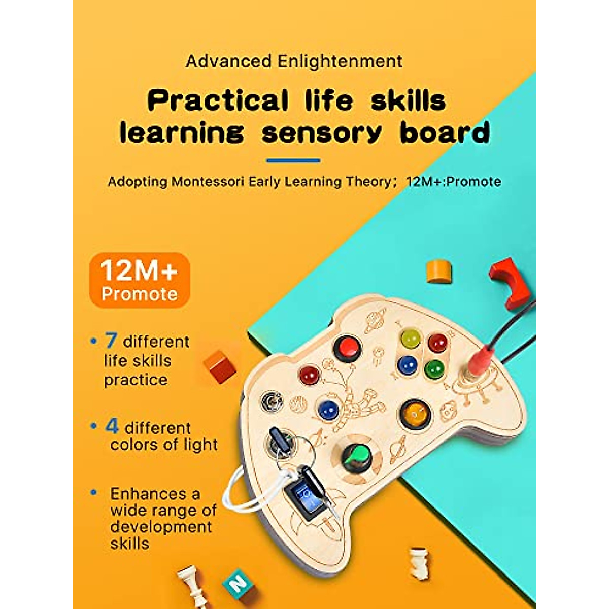 HOOLYUK Montessori Busy Board Toy for 1 2 3 Year Old Boy, Wooden Controller Sensory Toy for Autistic Children with LED Light Up Buttons, Early Learning Fidget Toy Great for Gift