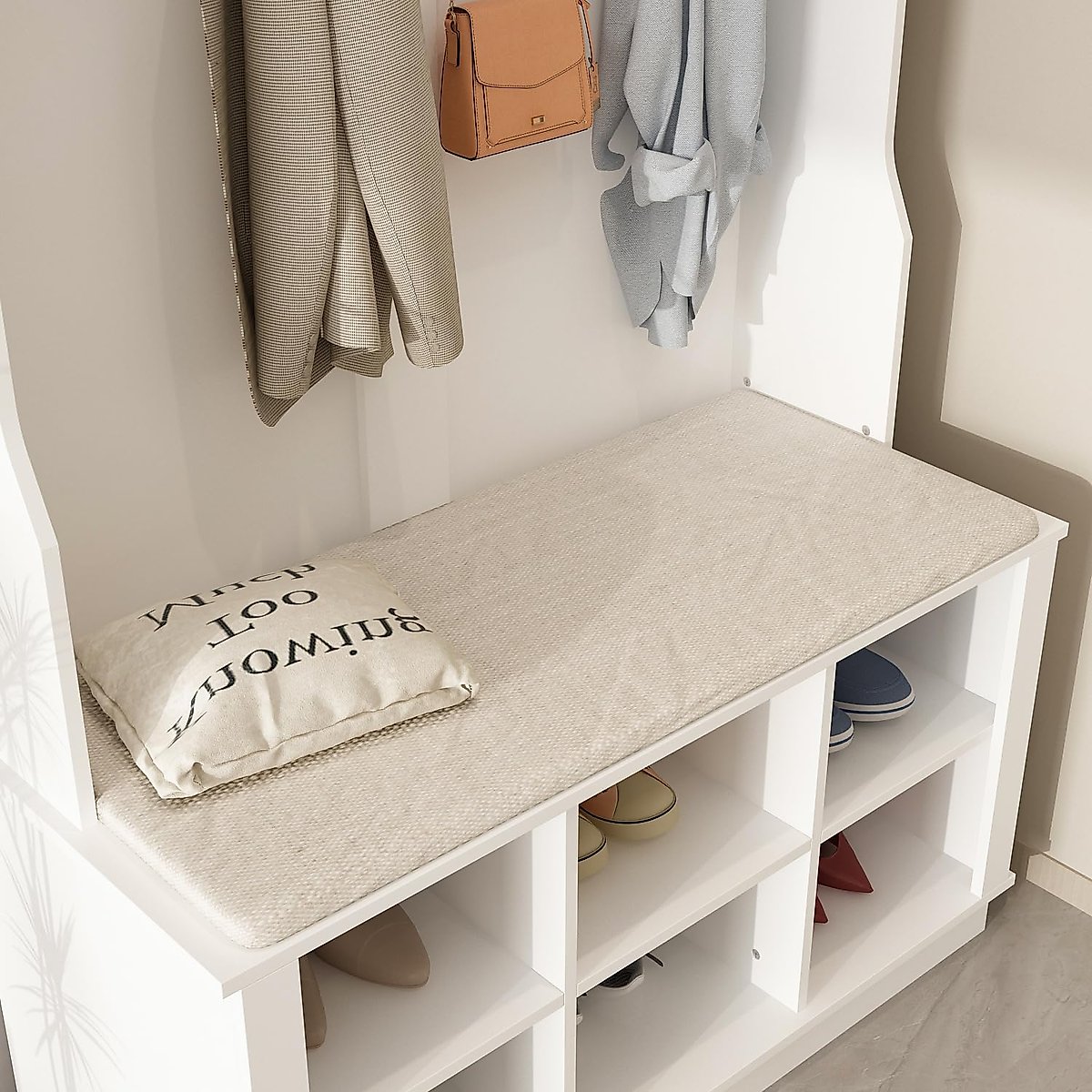 AIEGLE Entryway Hall Tree with Shoe Bench, 3-in-1 Hallway Hall Tree with Coat Rack, 6 Shoe Storage Cubes and 4 Hanging Hooks, White (39.8" L x 17.3" W x 67.1" H)