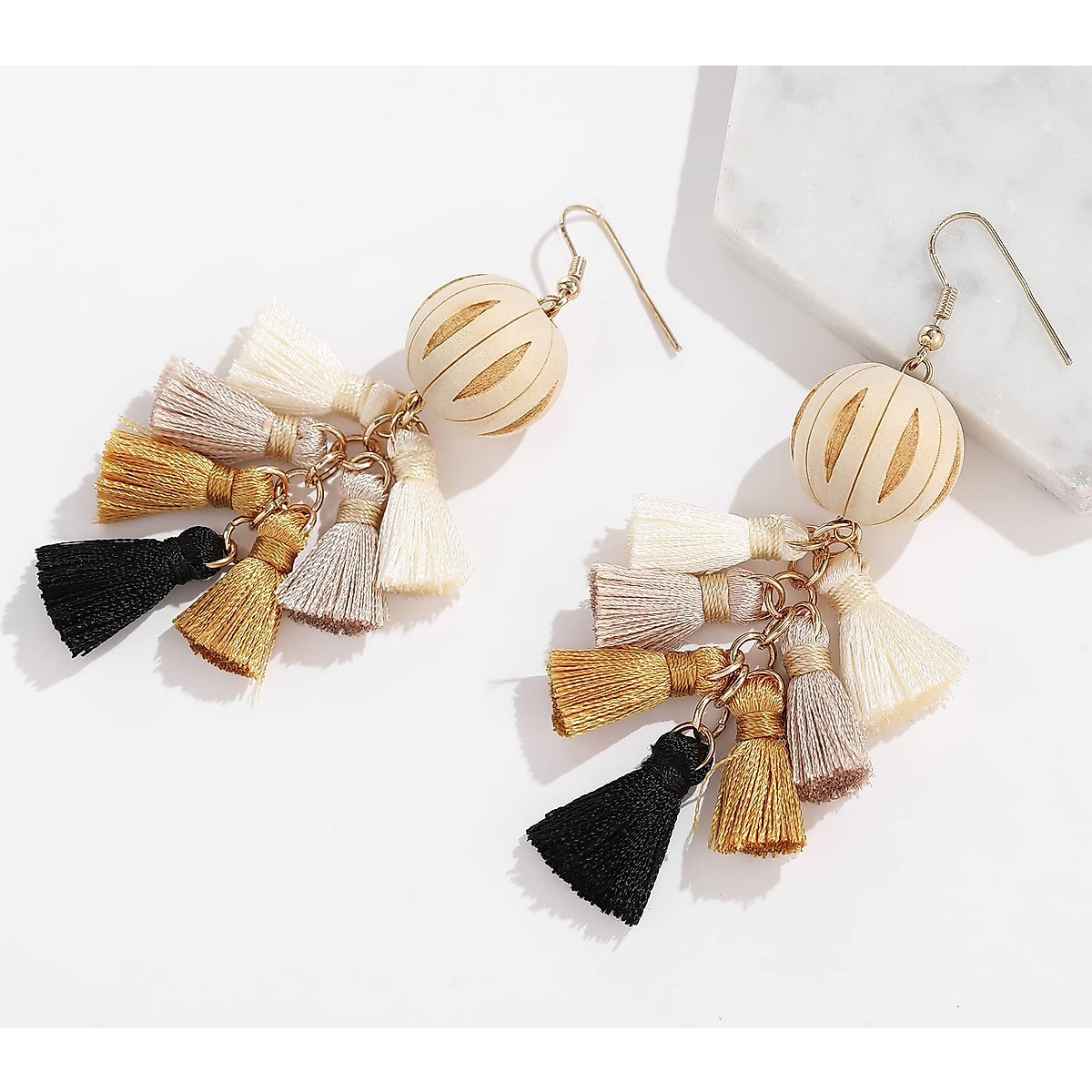 Bohemian Layered Tassel Earrings - Handmade Thread Tassel Dangle Earrings with Wooden ball for Sister, Lover… (Colorful A)