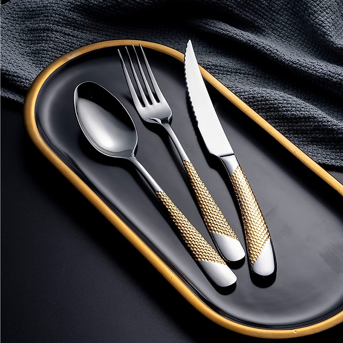 Gold Hammered Silverware Set for 6 Modern Cutlery Utensils 18/10 Stainless Steel Flatware Set 24 Piece Include Knives Forks and Spoons Tableware Set for Home Kitchen Wedding Restaurant Party (Color :