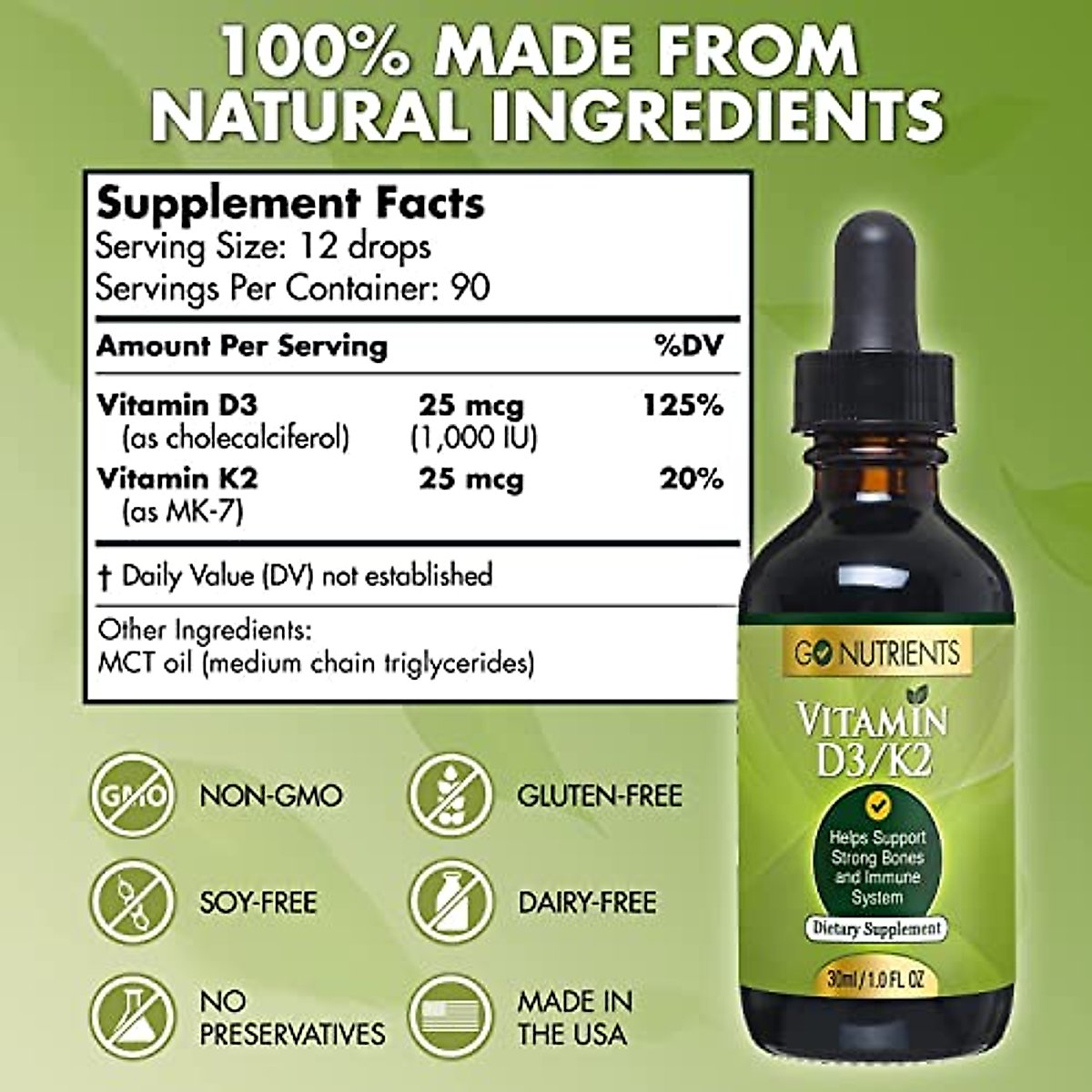 Go Nutrients Liquid Vitamin D3 with K2 (MK-7) Drops 1oz & Selenium 200 mcg Supplement 1.0 oz| | Vitamin D3 and K2 | Supplements with Mineral Selenium Liquid and Purified Water